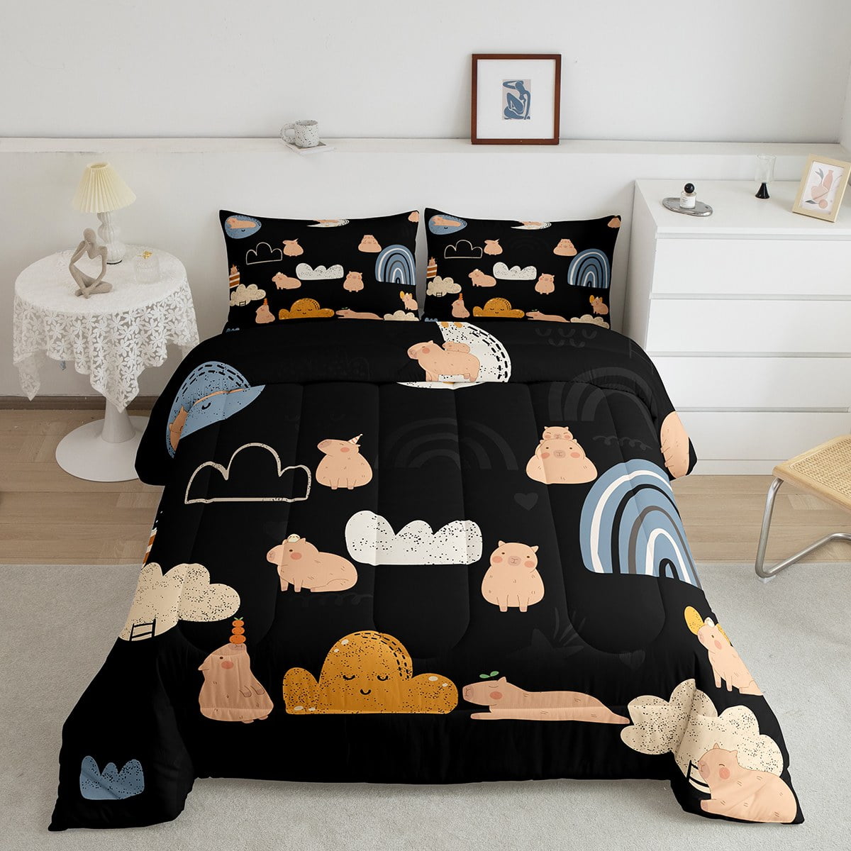 Capybara Bedroom Comforter Set Queen Size, Pink Rainbow Bedding Set For ...