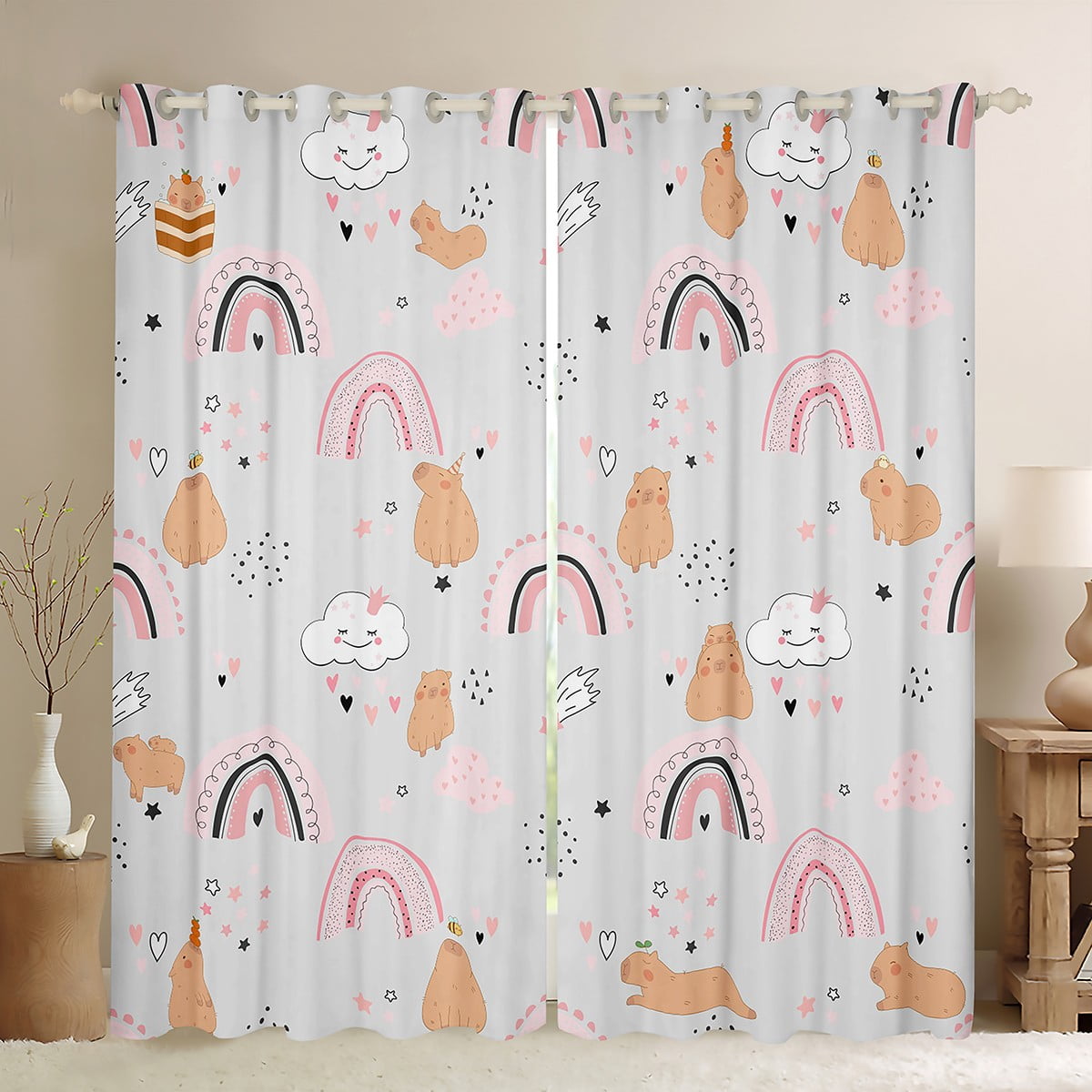 Capybara Bedroom Curtains, Kawaii Rainbow Blackout Curtains, Kawaii ...