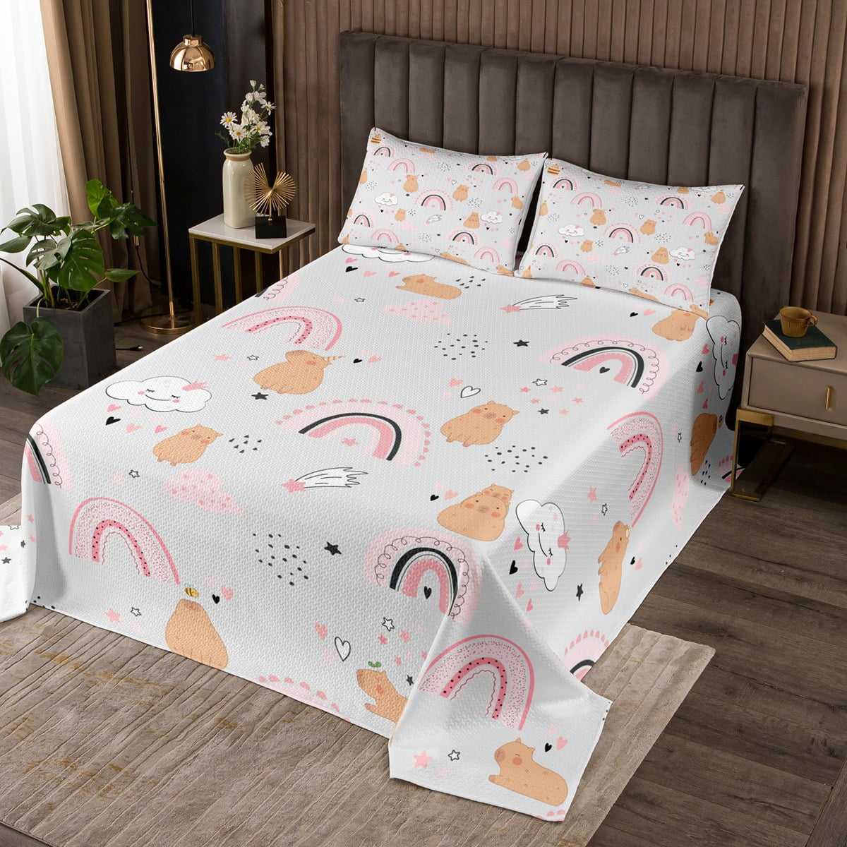 Capybara Bedroom Quilt Set, Rainbow Bedspread Set Kawaii Decor, Kawaii ...