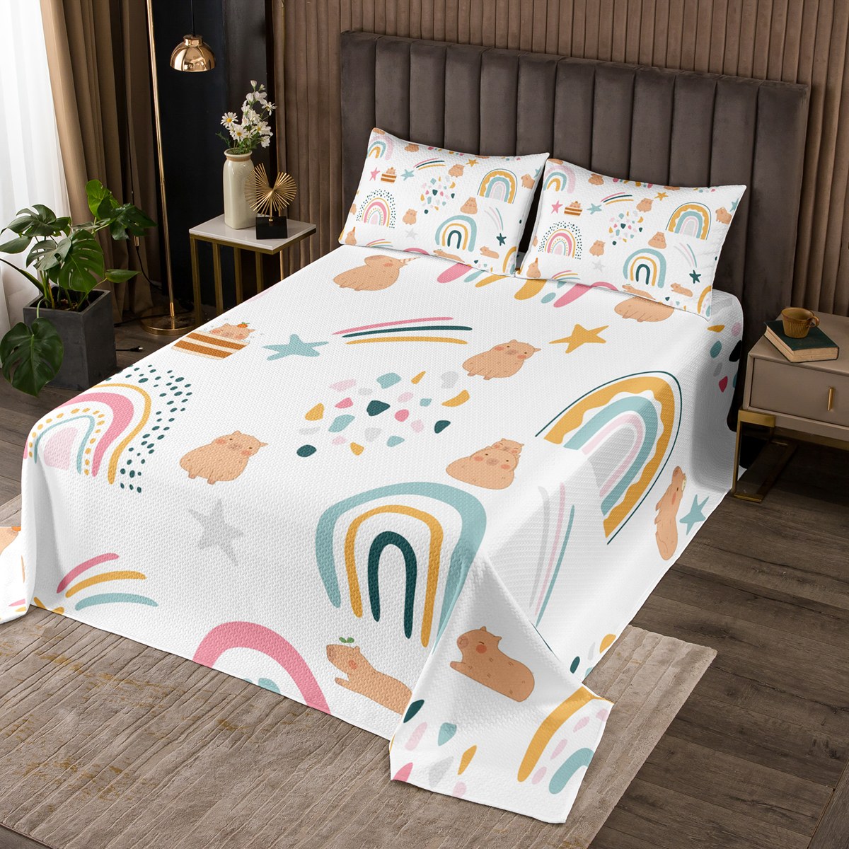 Capybara Bedspread Set 3Pcs, Rainbow Queen Coverlet Sets For Girls, Capybara Room Decor Quilt ...