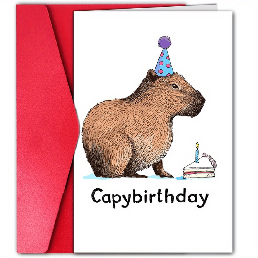 Capybara Birthday Card – “Capybirthday” Design with Party Hat & Cake ...