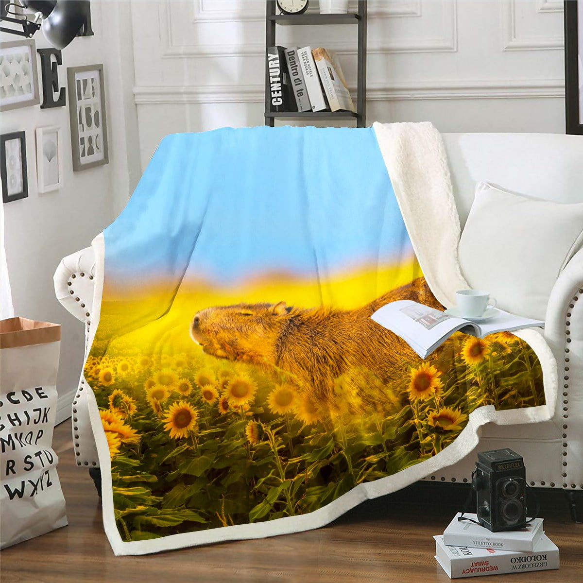 Capybara Blanket Rustic Farmhouse Sunflowers Throw Blanket Cute Rodent ...