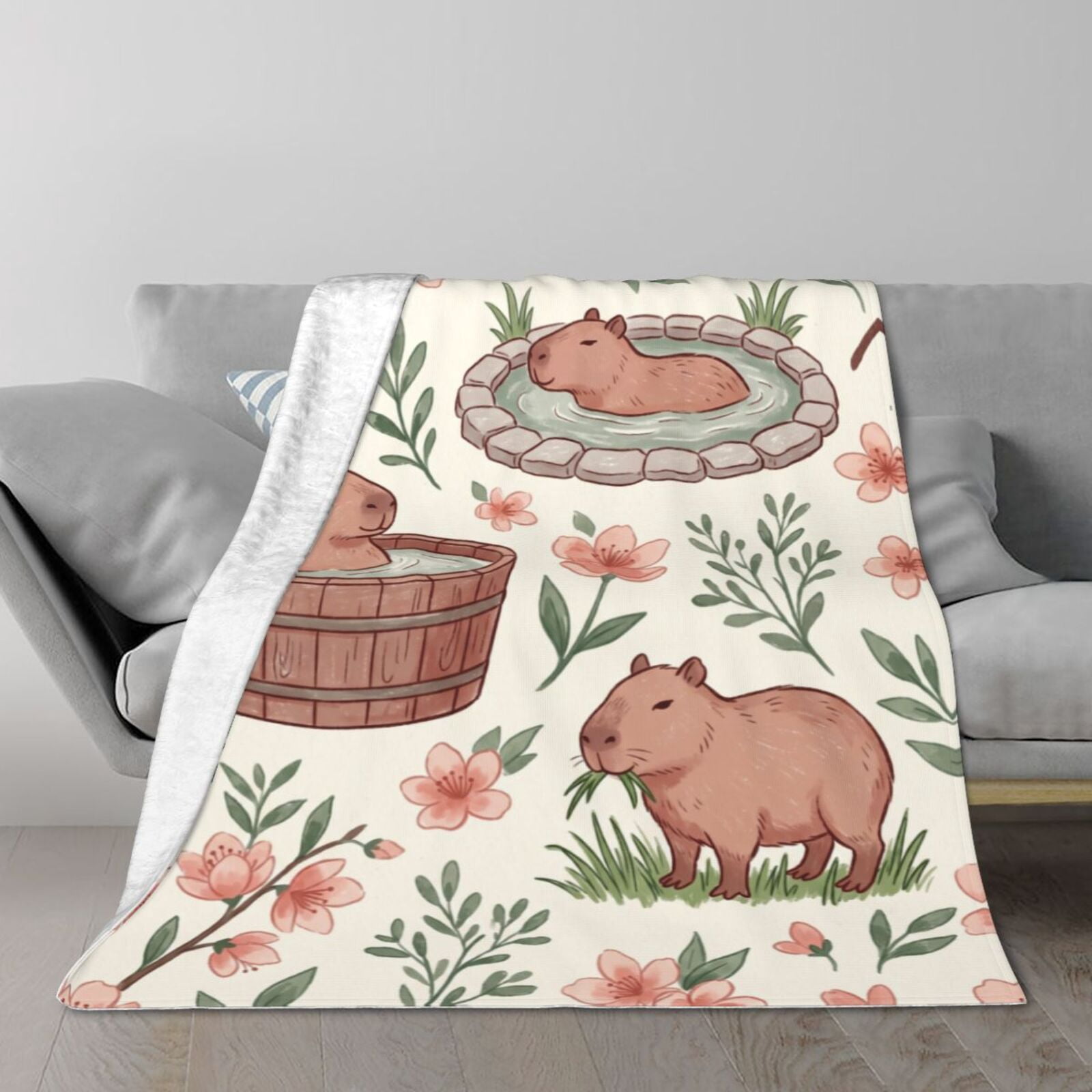 Capybara Blanket, Spa Onsen Capybara Cherry Blossom Art For Couch Sofa ...
