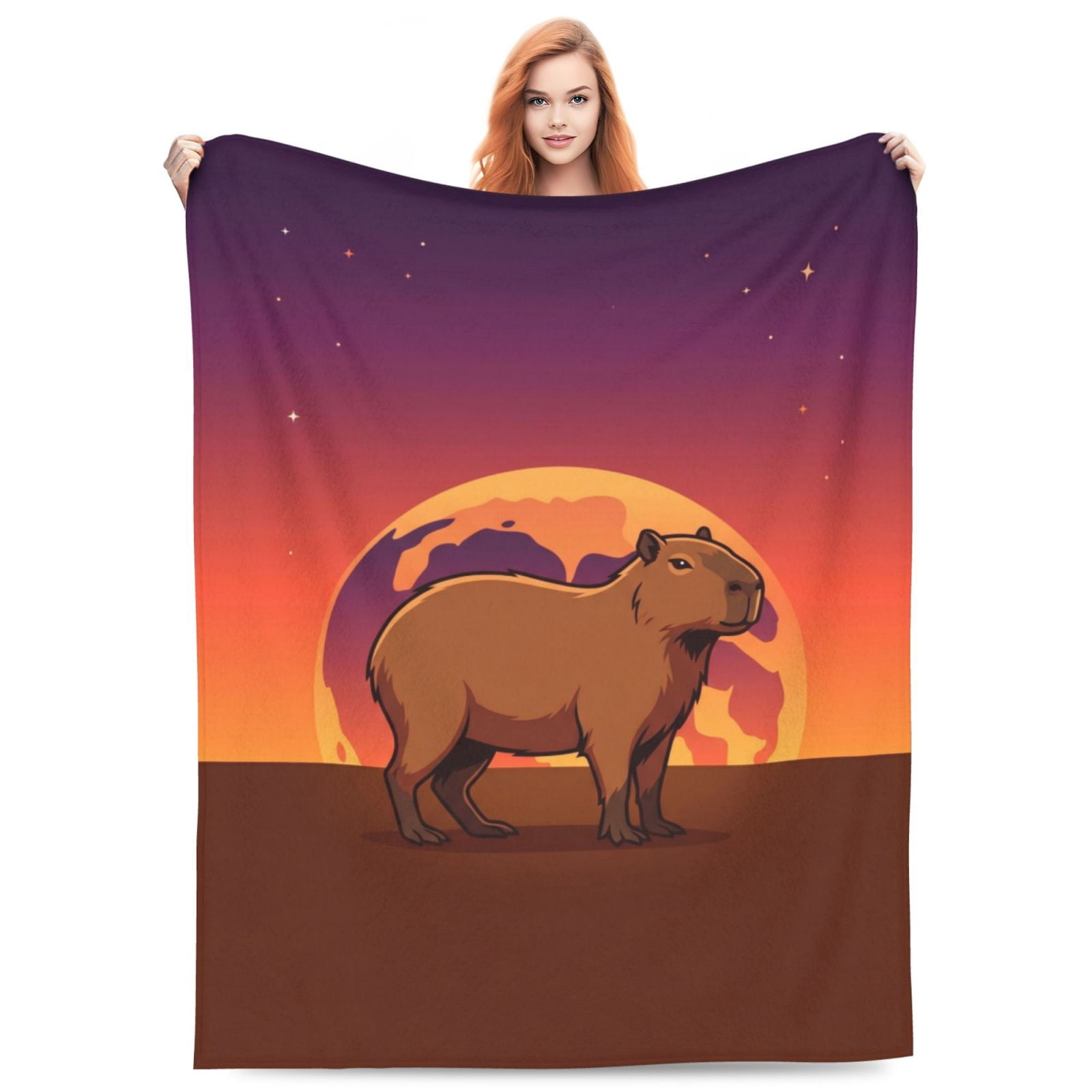 Capybara Blanket, Sunset Moon Capybara Art For Couch Sofa Bed, Planet ...