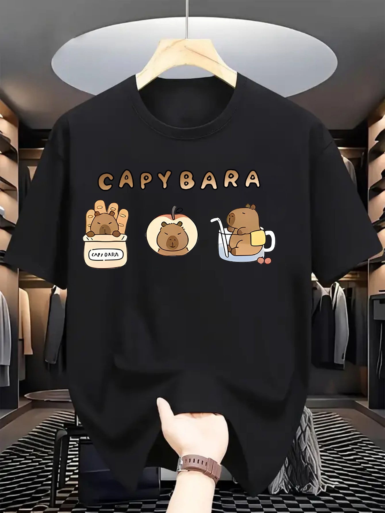 Capybara" Boys' Fashion Cotton T-Shirt - Black Short Sleeve Crew Neck ...