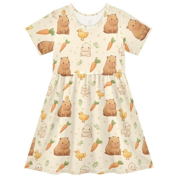 Capybara Carrot Duck Short Sleeve Dress A-Line Cute Midi Casual ...