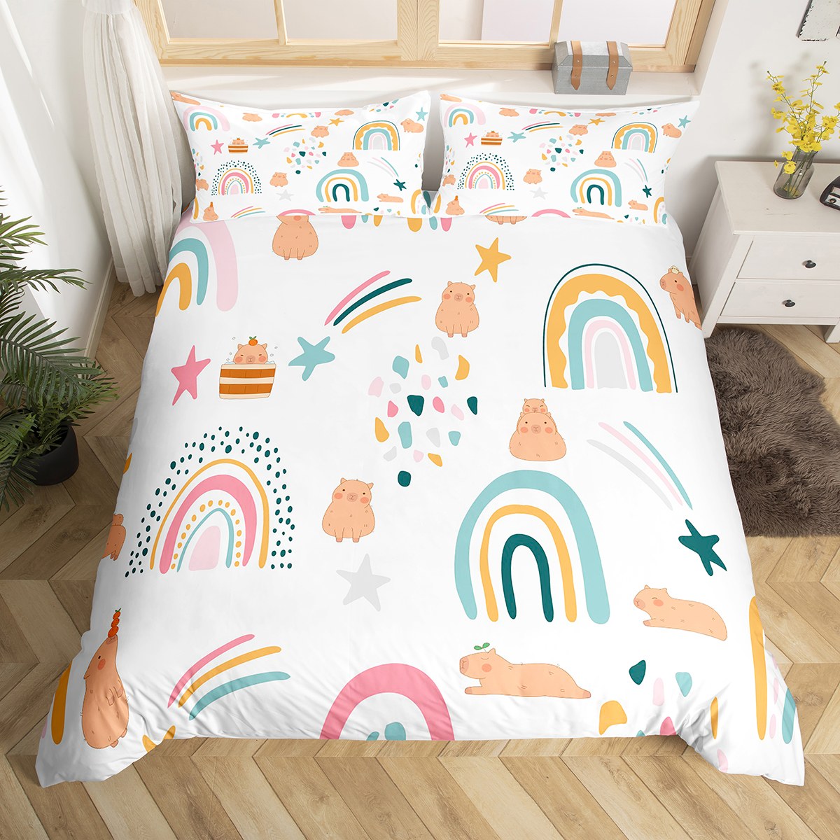 Capybara Comforter Cover 2Pcs, Rainbow Twin Bedding Sets For Girls ...