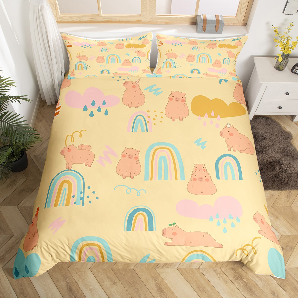 Capybara Comforter Cover, Rainbow King Bedding Sets For Girls, Capybara ...