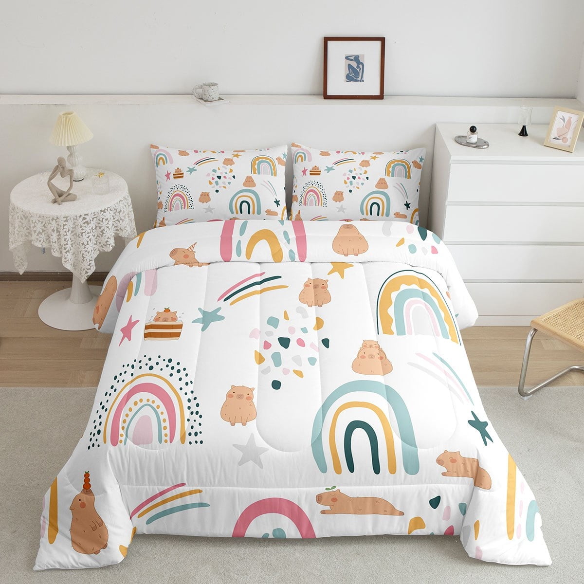 Capybara Comforter Set 3Pcs, Rainbow Queen Bedding Sets , Capybara Room ...