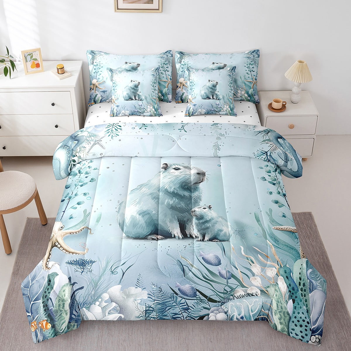 Capybara Comforter Set 7 Piece Bed in a Bag Twin,Teal Blue Ocean Beach ...