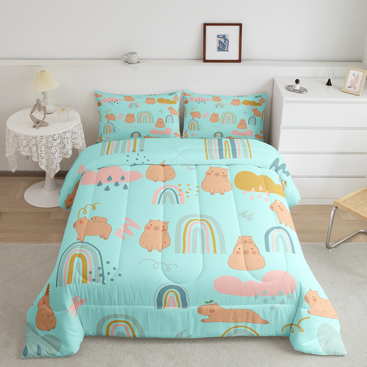 Capybara Comforter Set For Capybara Lovers, Girls Rainbow Bedding Set ...