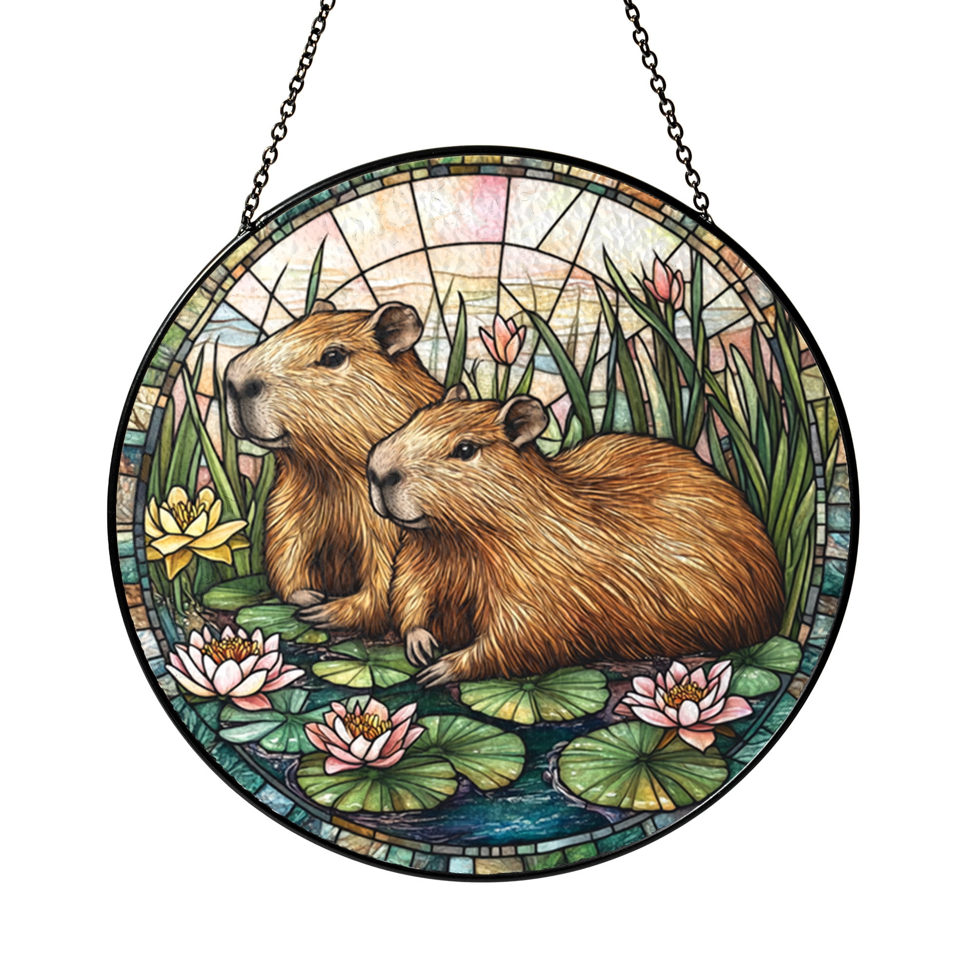 Capybara Couple Pond Scene Acrylic Stained Glass Style Window Hanging ...