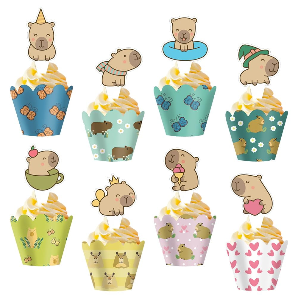 Capybara Cupcake Toppers and Wrappers, Set of 48pcs Lovely Capybara ...