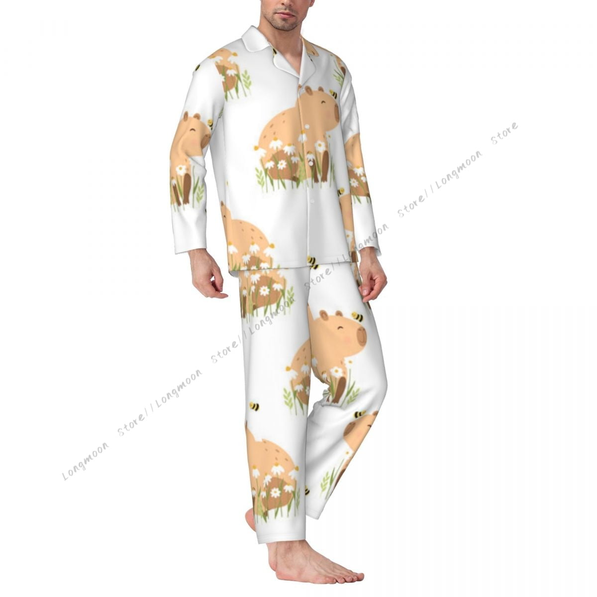 Capybara Cute Leaf Wild Animal Men Pajamas Long Sleeve Male Sleepwear ...