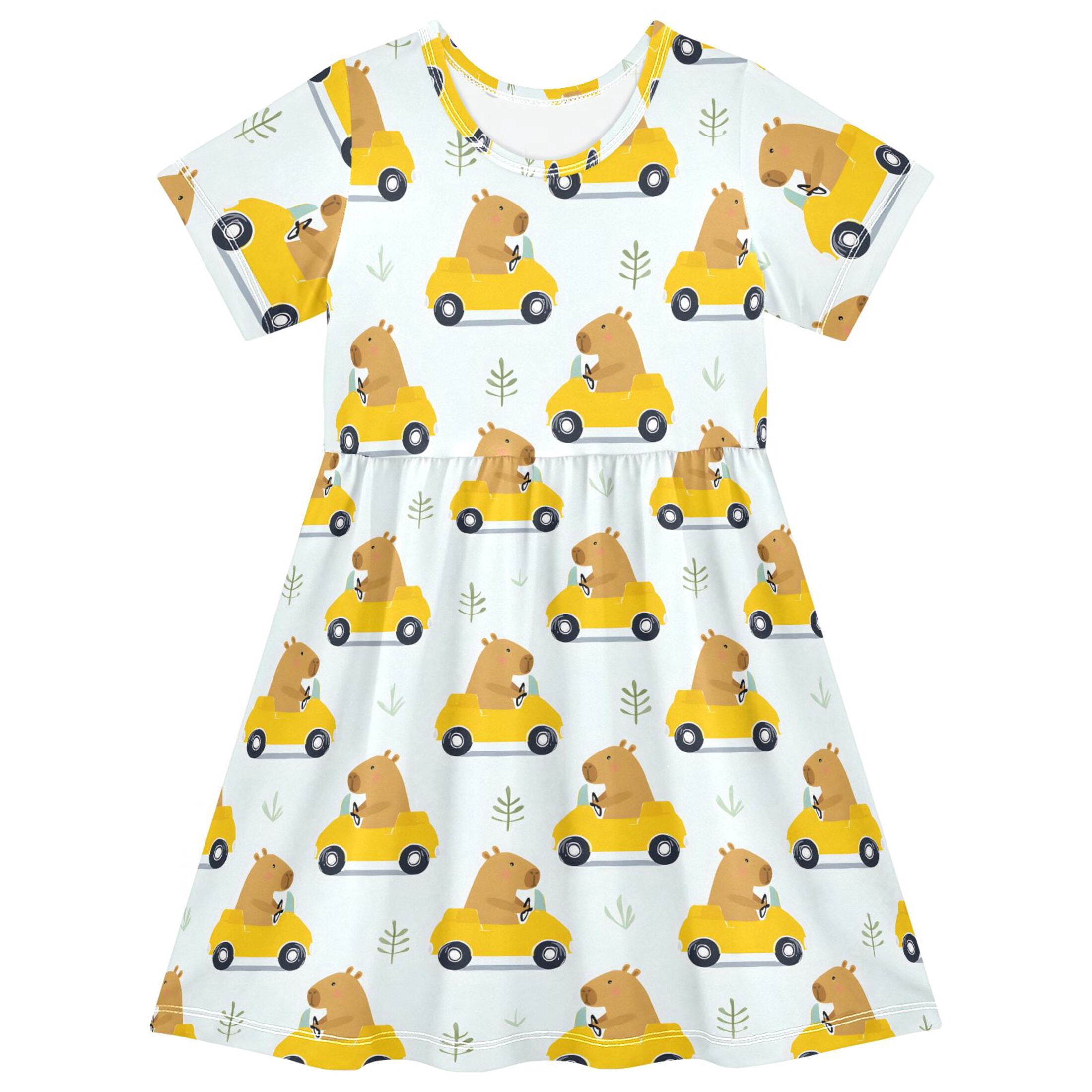 Capybara Driving Car Short Sleeve Dress A-Line Cute Midi Casual ...