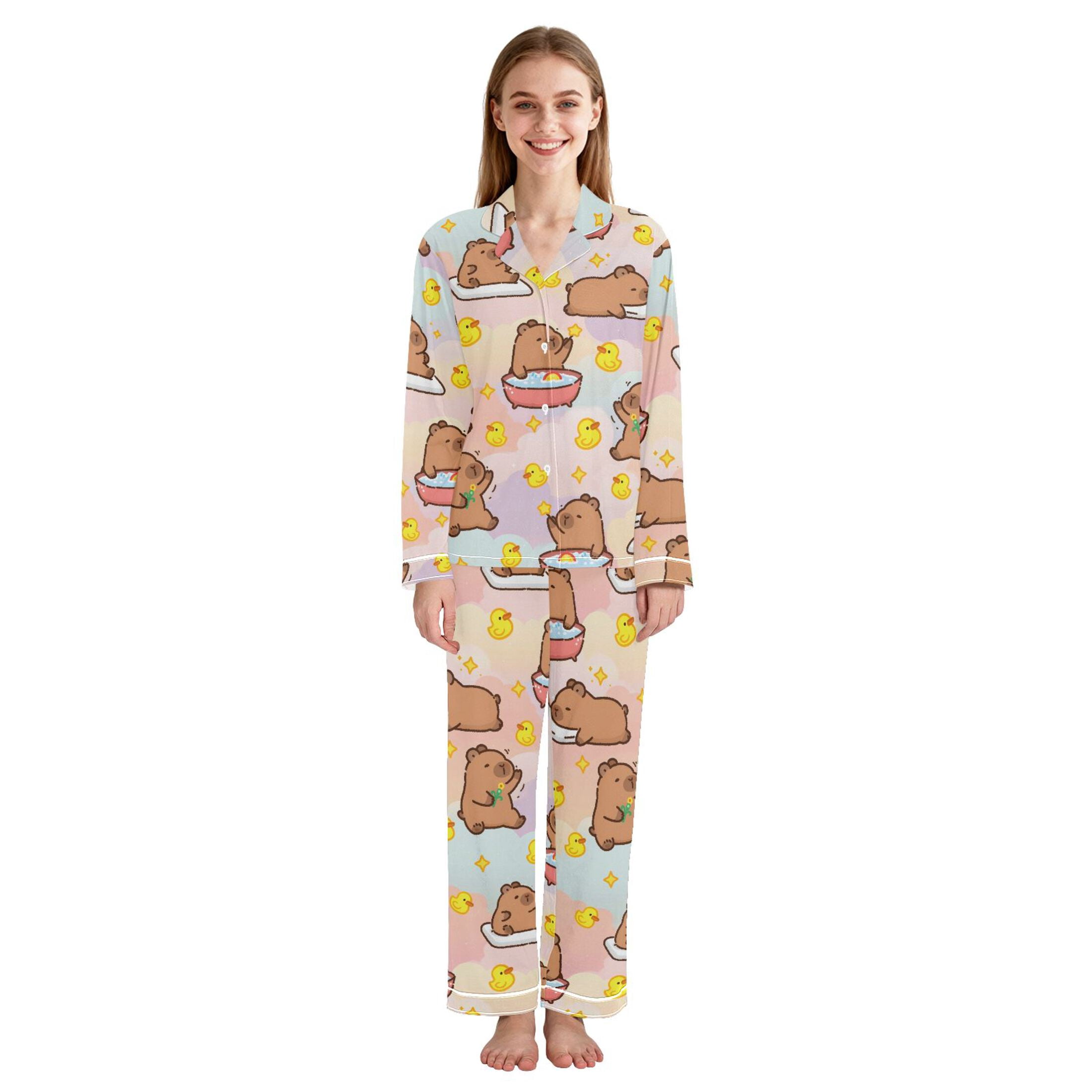 Capybara Duck Pattern Women Pajama Set Soft Notch Collar Button Down ...