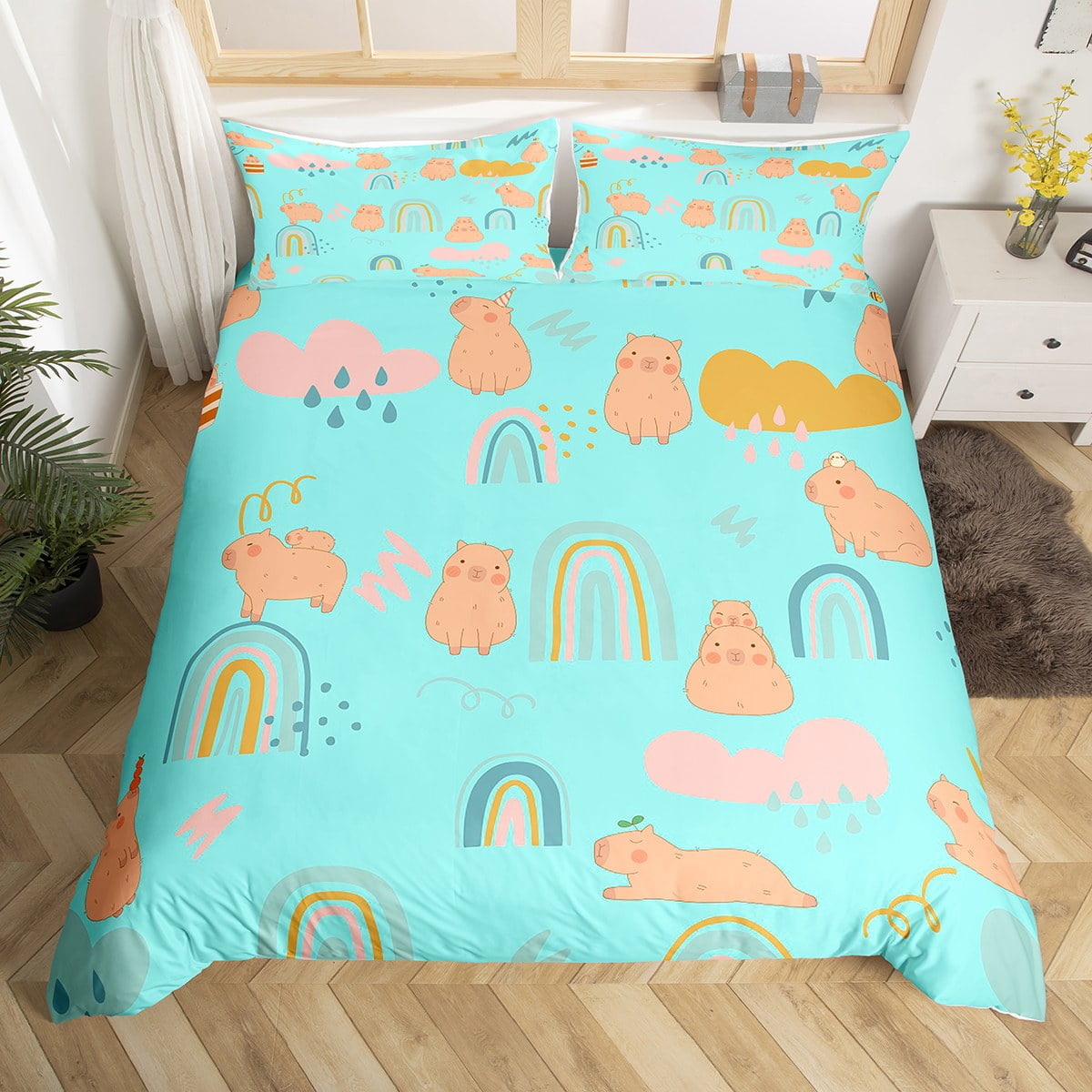 Capybara Duvet Cover For Capybara Lovers, Girls Rainbow Bedding Set ...