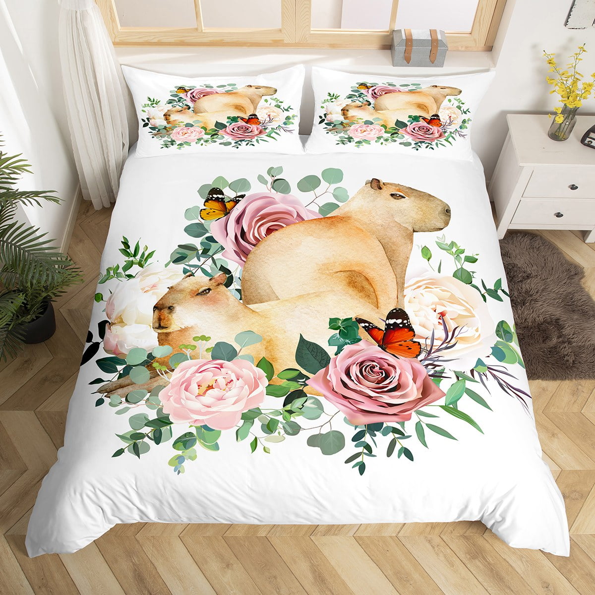 Capybara Duvet Cover Twin, Floral Bedding Set, Kawaii Animal Pink Rose ...