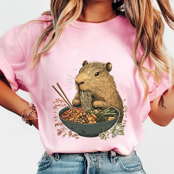 Capybara Eating Ramen T-Shirt - Cute and Funny Animal Graphic Tee ...