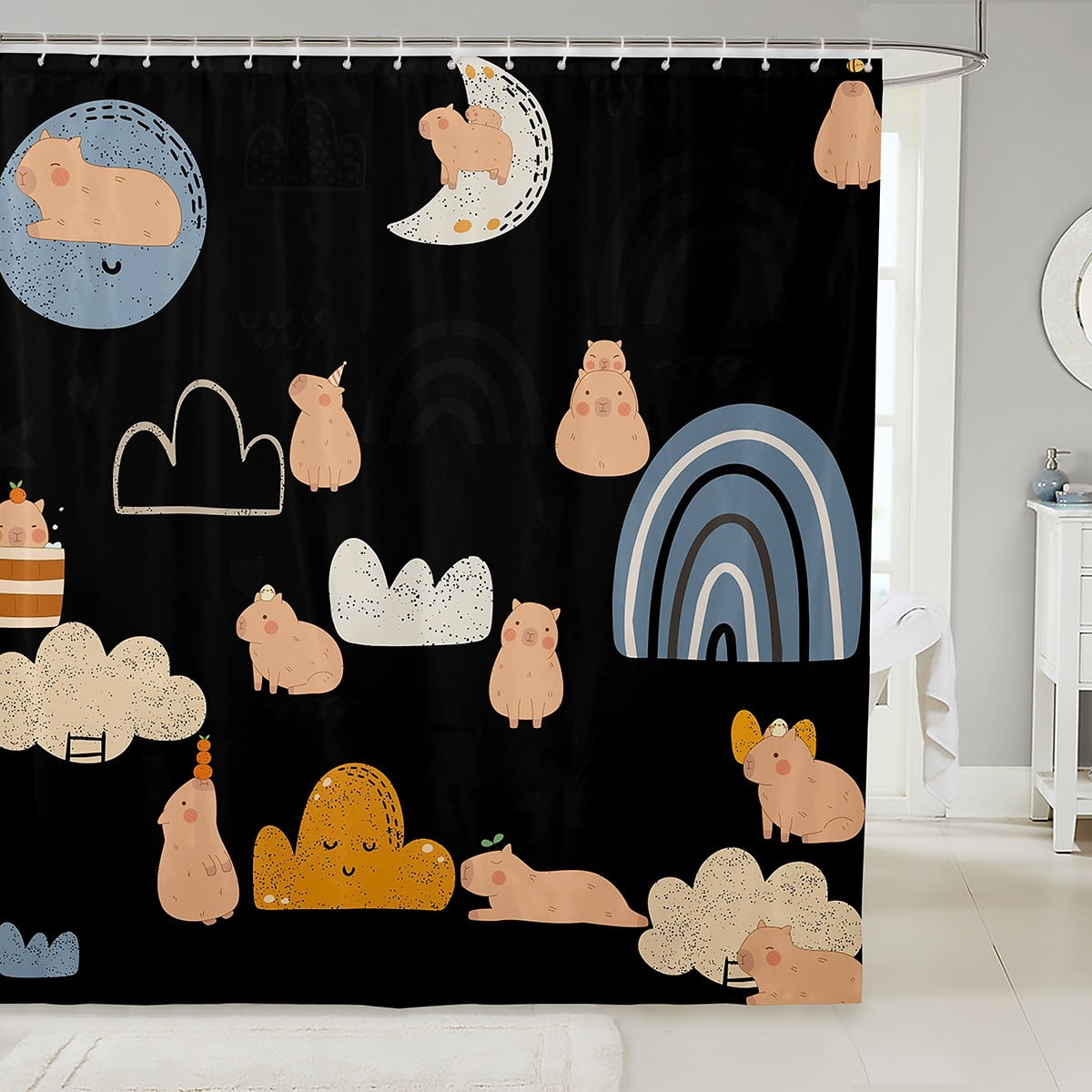 Capybara Fabric Shower Curtain,Pink Rainbow Shower Curtain For Kids ...