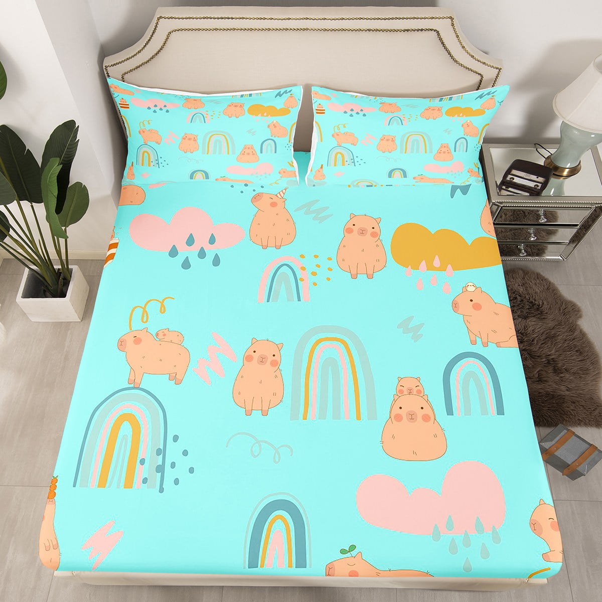 Capybara Fitted Sheet For Capybara Lovers, Girls Rainbow Bed Sheets ...