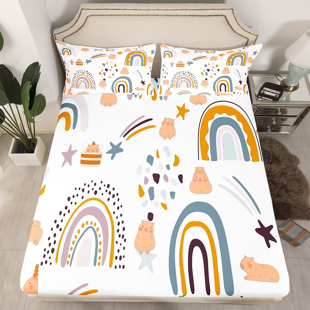 Capybara Fitted Sheet For Kids, Girly Rainbow Bed Sheets Queen Size For ...