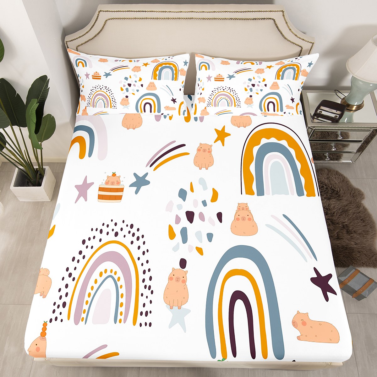 Capybara Fitted Sheet For Kids, Girly Rainbow Bed Sheets Twin Size For ...