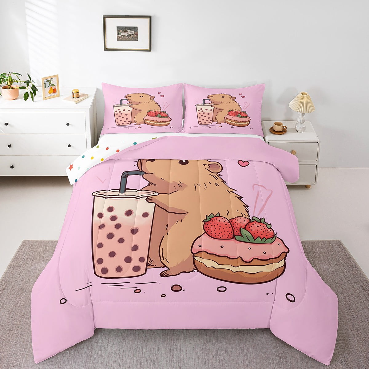 Capybara Comforter Sets Full Size Dessert Milk Tea Bedding Sets Cute ...