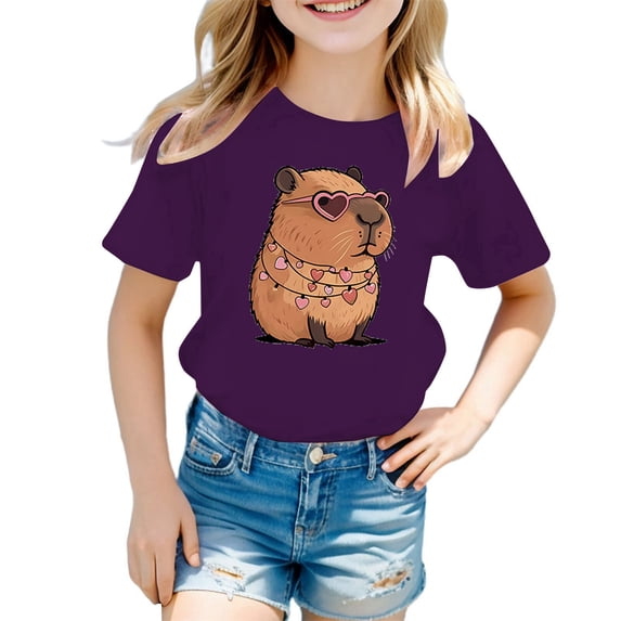 Capybara Girls Summer Short Sleeve T Shirt, Casual Round Neck Cartoon ...