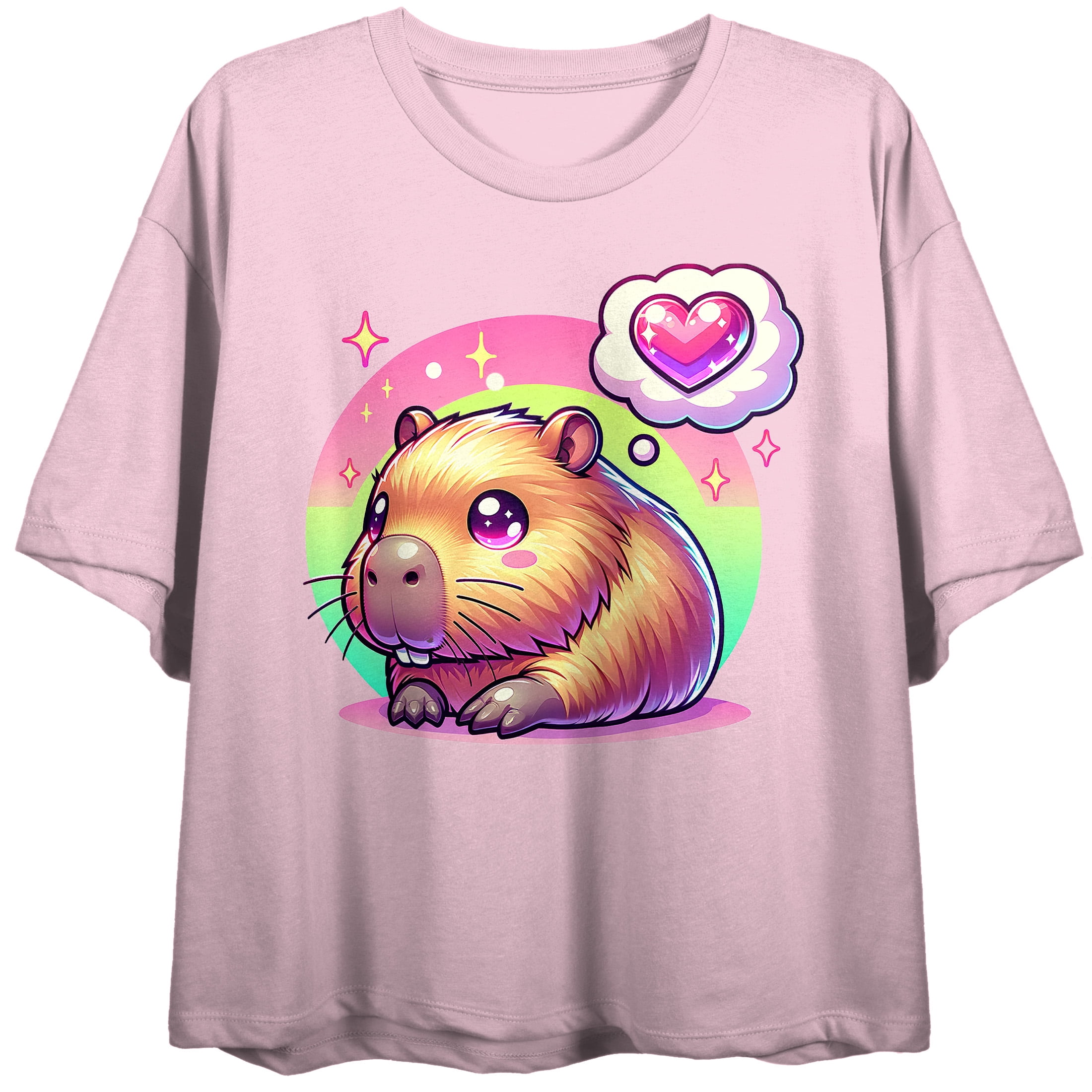 Capybara Heart Emoji Women's Cradle Pink Crew Neck Short Sleeve Crop ...