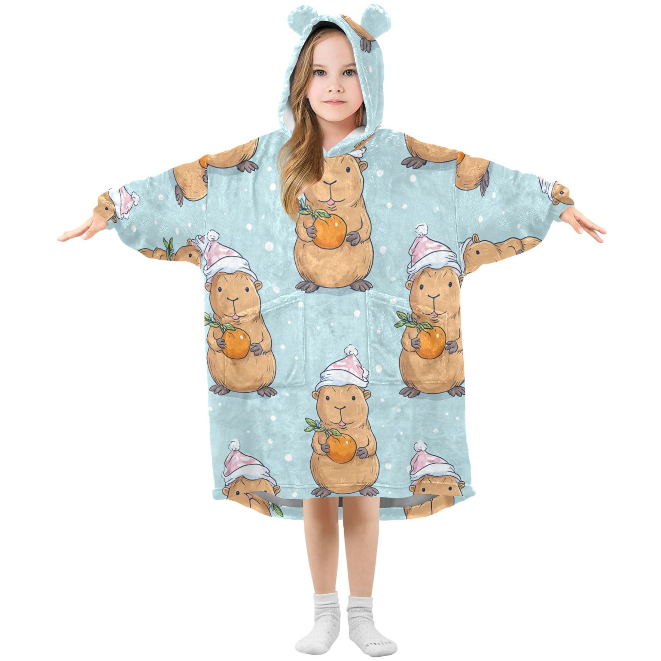 Capybara Hold Oranges in Christmas Flannel Wearable Blankets Hooded ...