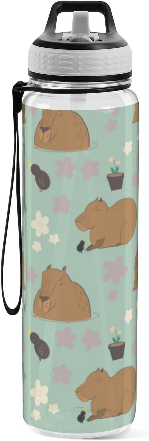 Capybara Kawaii Water Bottle With Straw Flowers Sports Bottles Bpa-Free ...