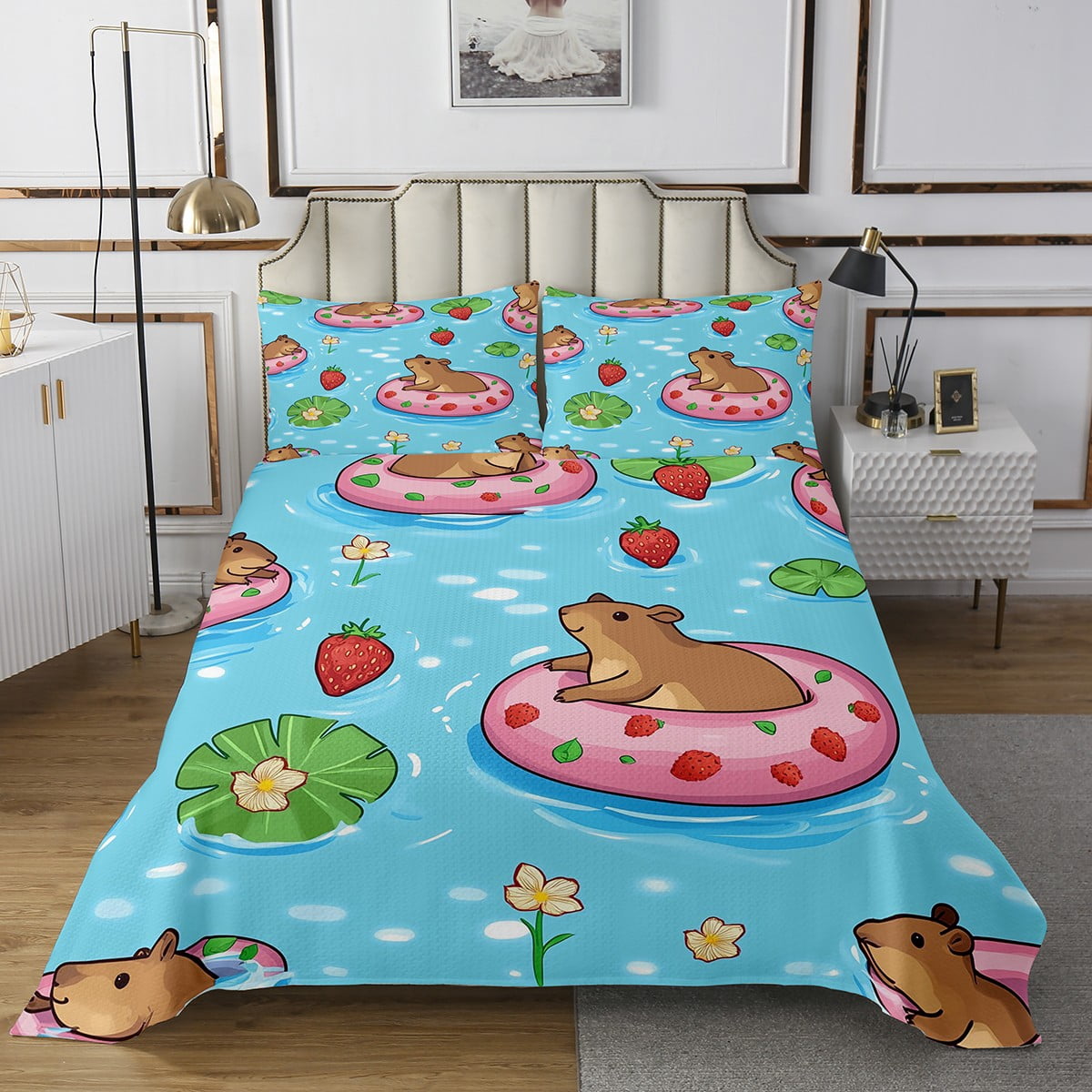 Capybara Quilt Set Cute Strawberry Pond Coverlet Set Coastal Leaflovers ...