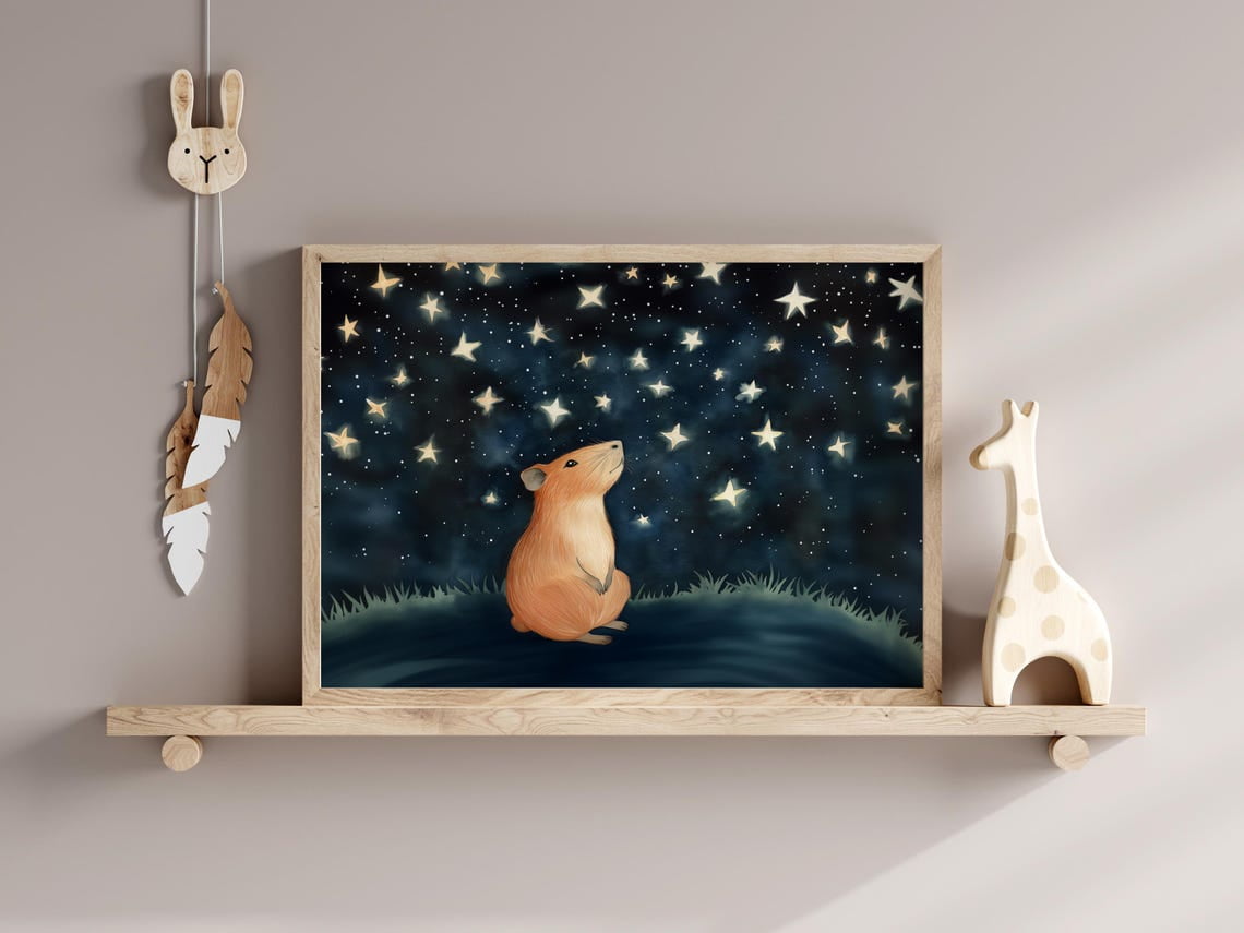 Capybara Kids Room Decor, Baby Capybara Animal Poster, Night Sky ...