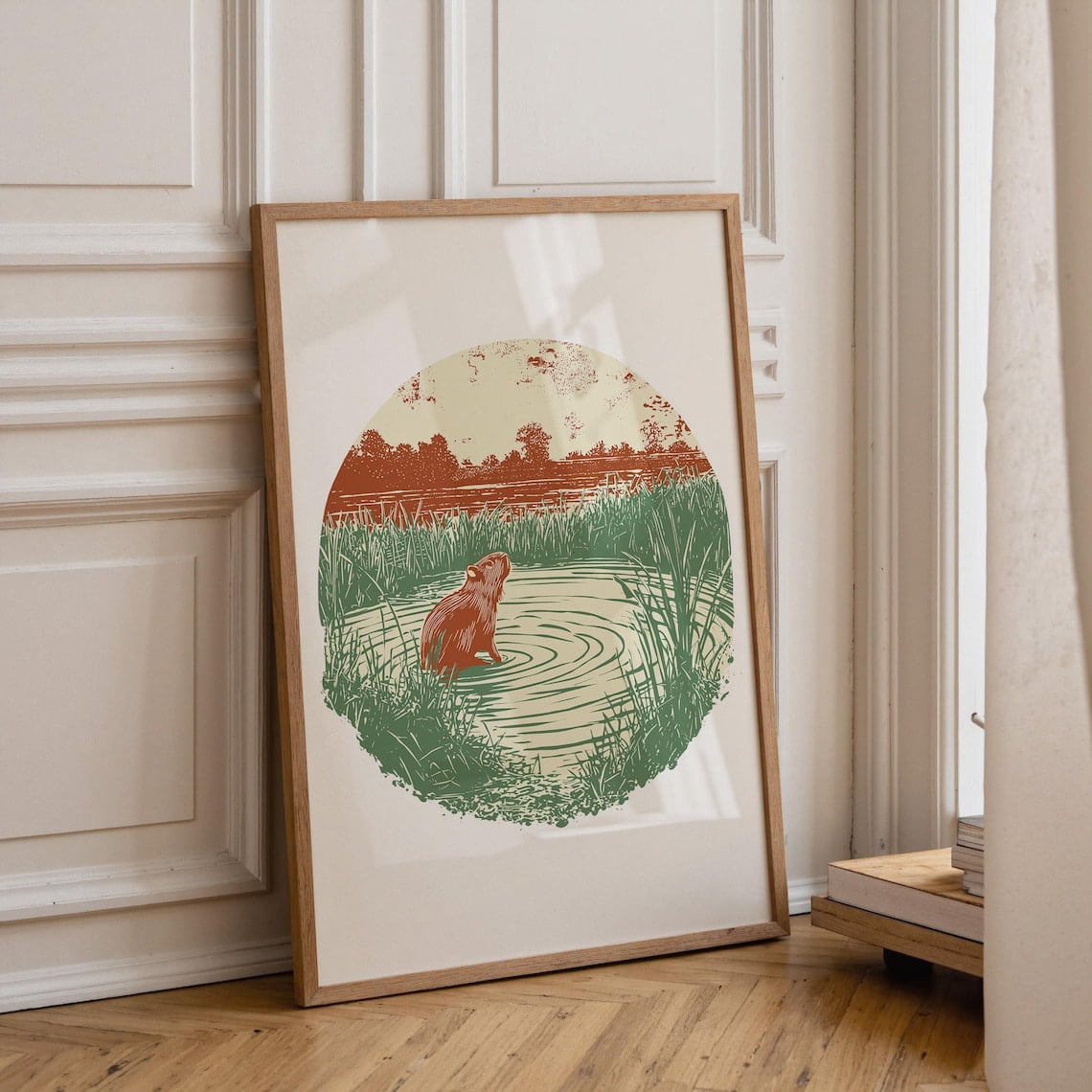 Capybara Linocut Wildlife Pond Nature Poster Vintage Wetland ...