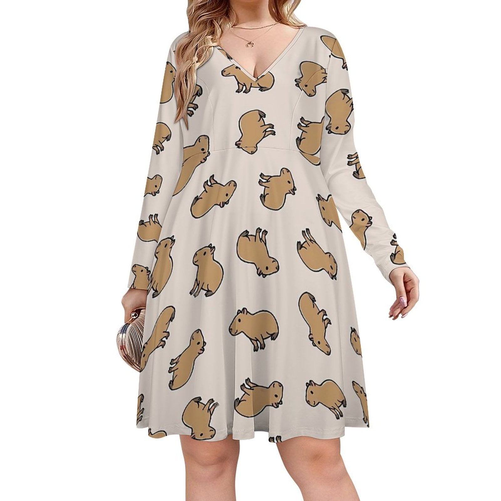 Capybara Long Sleeve Dresses For Women Vintage Elegant Party Dress Oversized V-neck Dress S-8XL ...