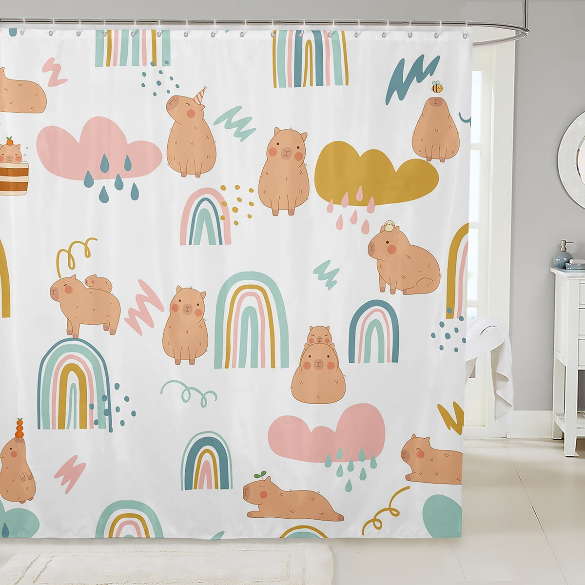 Capybara Lover Bathroom Shower Curtain Sets, Girls Rainbow Shower ...