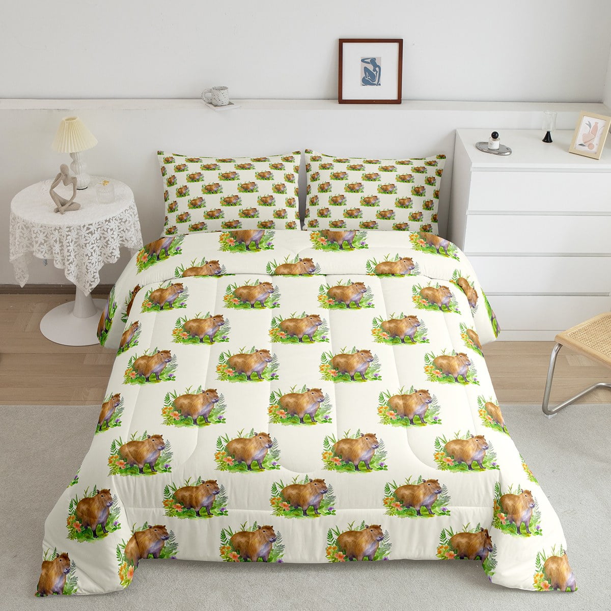 Capybara Lover Bedding King Size Cute Capybara Comforter Set Green ...