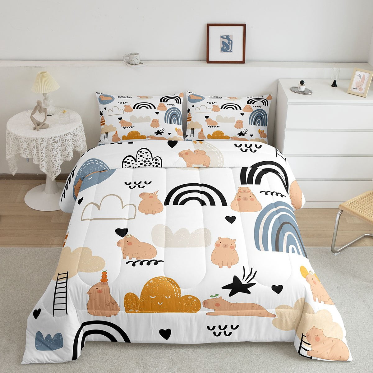 Capybara Lover Bedding Set King Size, Cartoon Rainbow Comforter Set ...