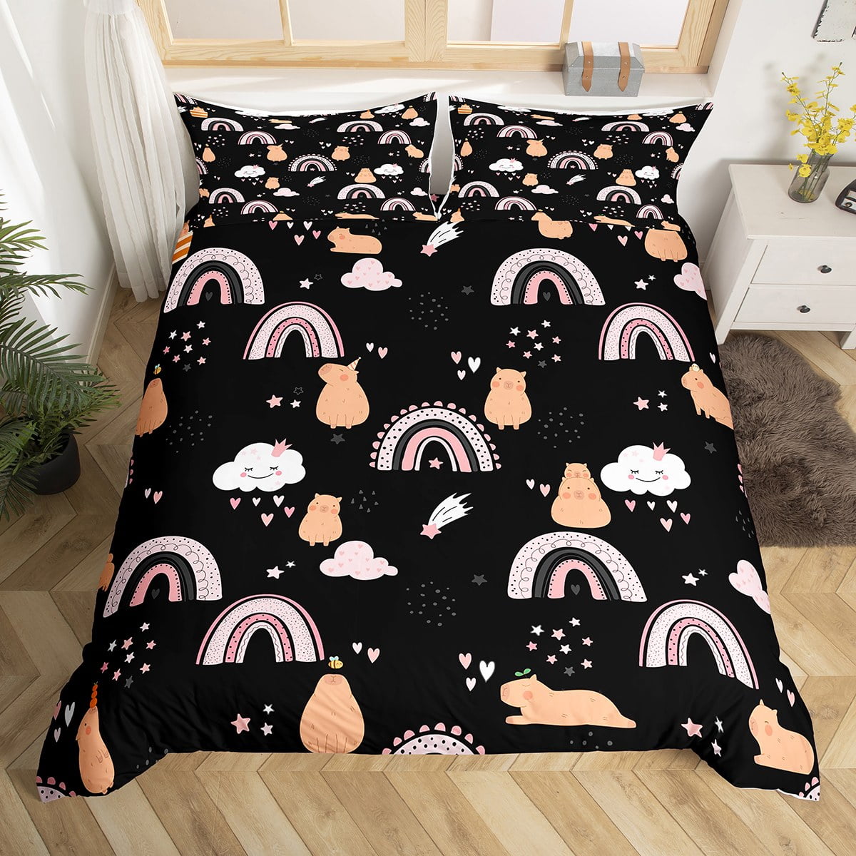 Capybara Lover Bedding Set, Rainbow Decor Comforter Cover Queen Size ...