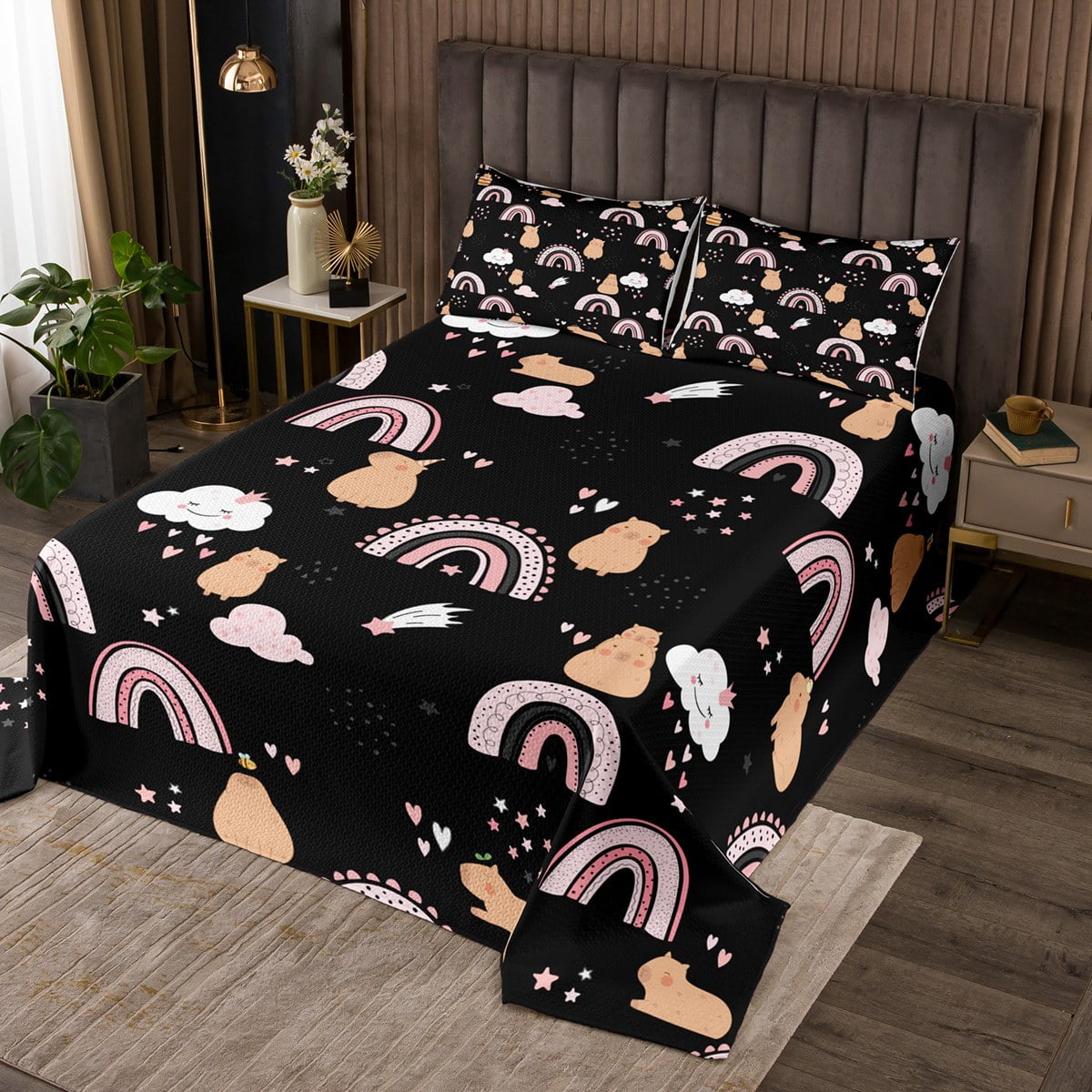 Capybara Lover Bedspread Set, Rainbow Decor Coverlet Set Queen Size For ...