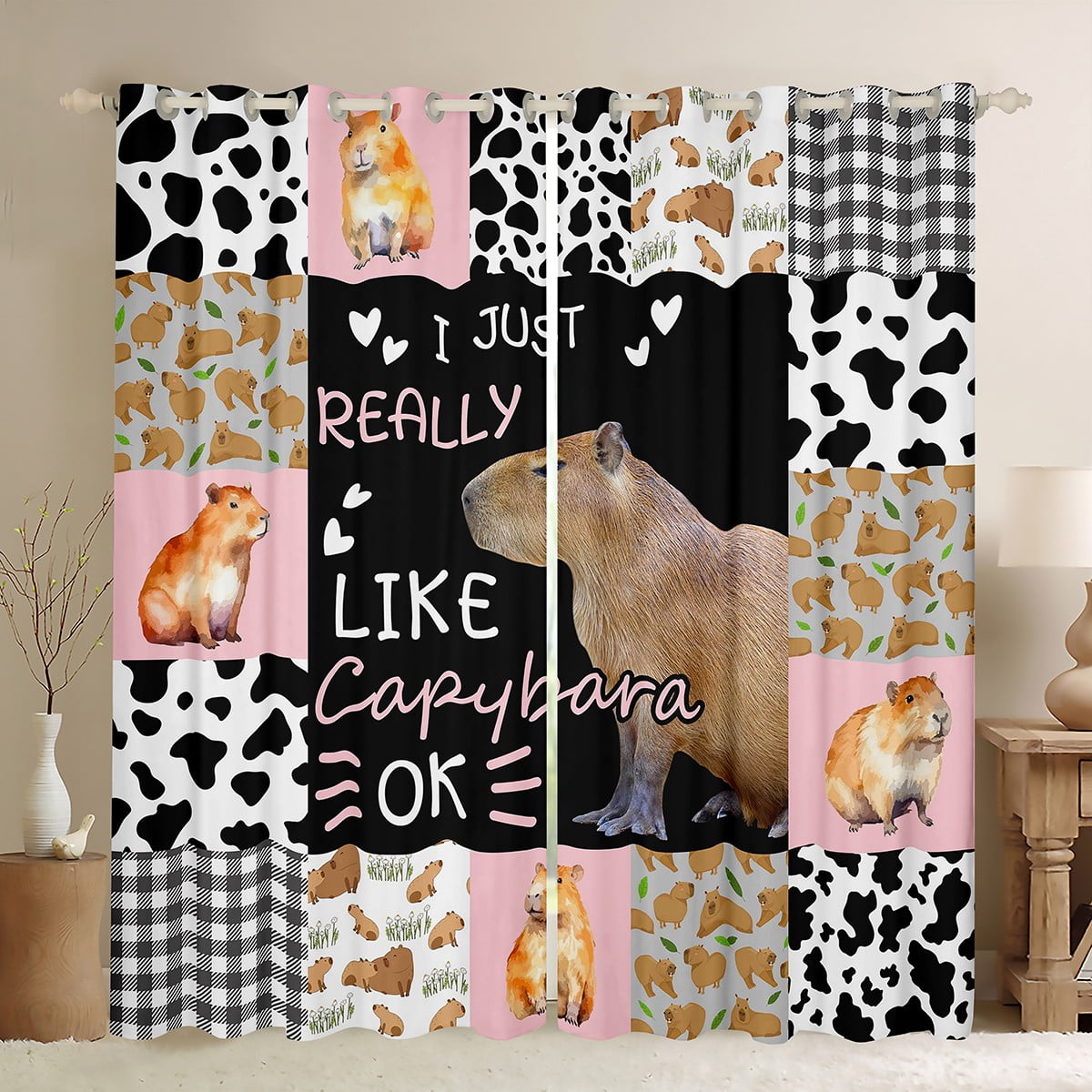 Capybara Lover Blackout Curtains Cute Capybara Curtains Geometry Grid ...