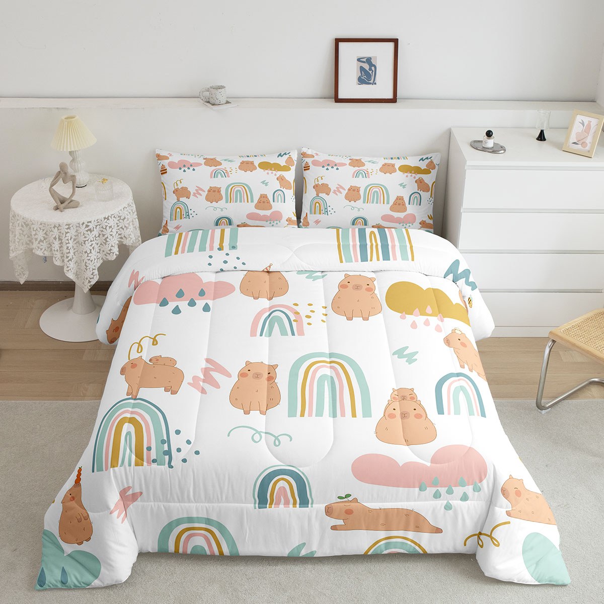 Capybara Lover Comforter Set King Size, Girls Rainbow Bedding Set ...