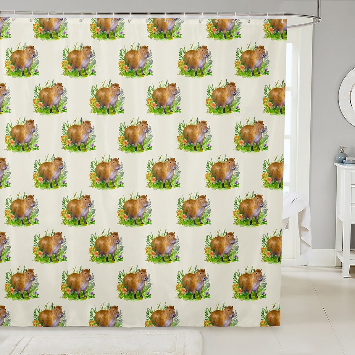 Capybara Lover Curtains Cute Capybara Shower Curtain Green Botanical ...