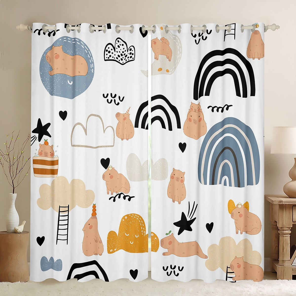 Capybara Lover Curtains & Drapes 38"Wx54"L, Cartoon Rainbow Blackout ...