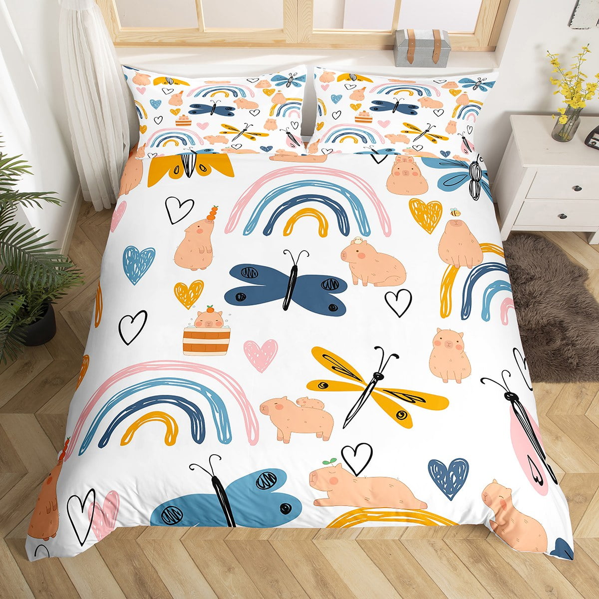 Capybara Lover Duvet Cover, Rainbow Decor Bedding Set Full For Kids ...