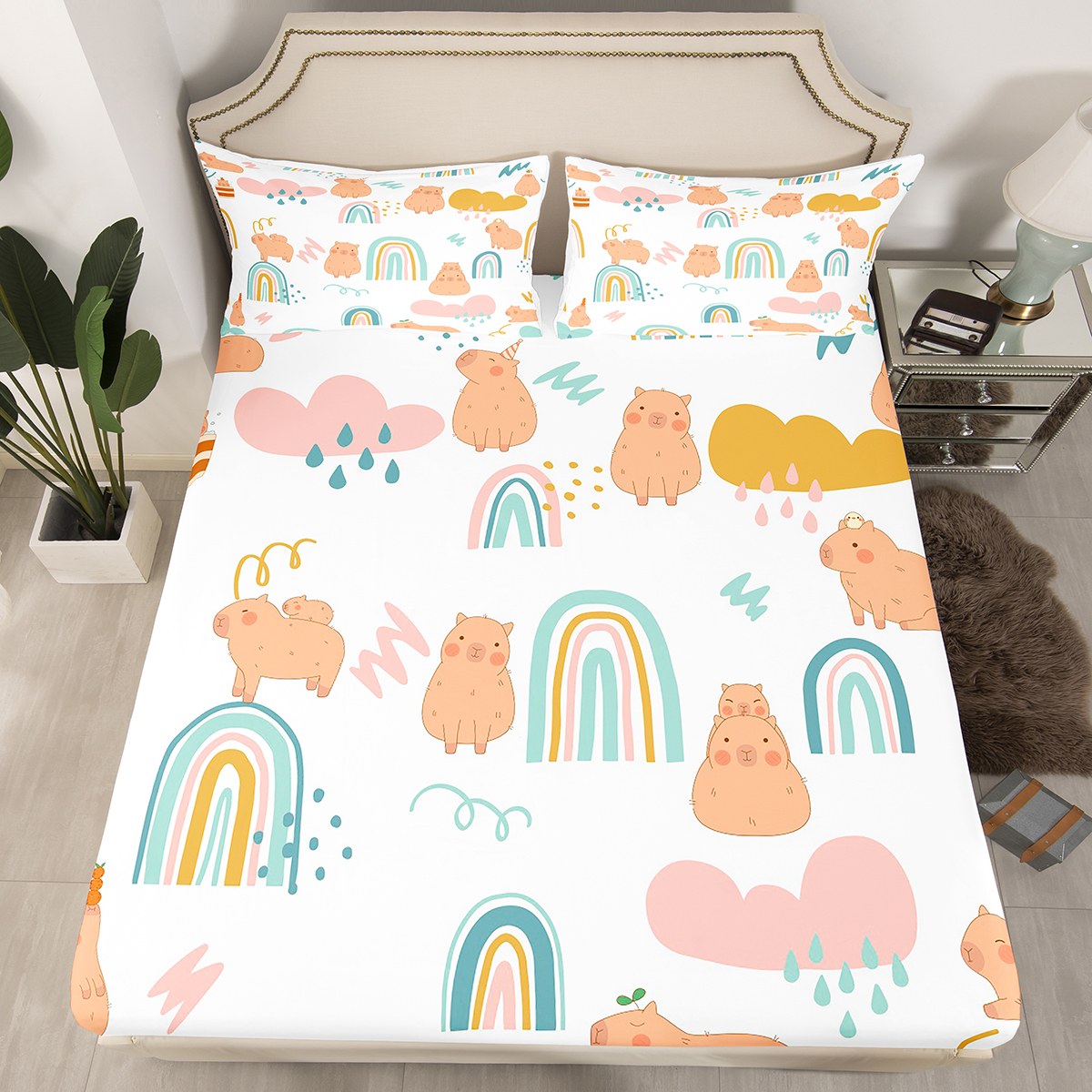 Capybara Lover Fitted Sheet Full Size, Girls Rainbow Bedding Set Kawaii ...