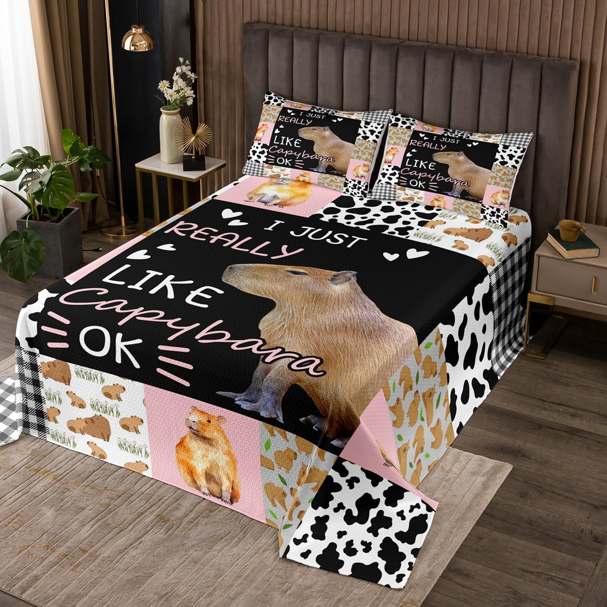 Capybara Lover Quilt Set King Size Cute Capybara Bedspread Geometry ...