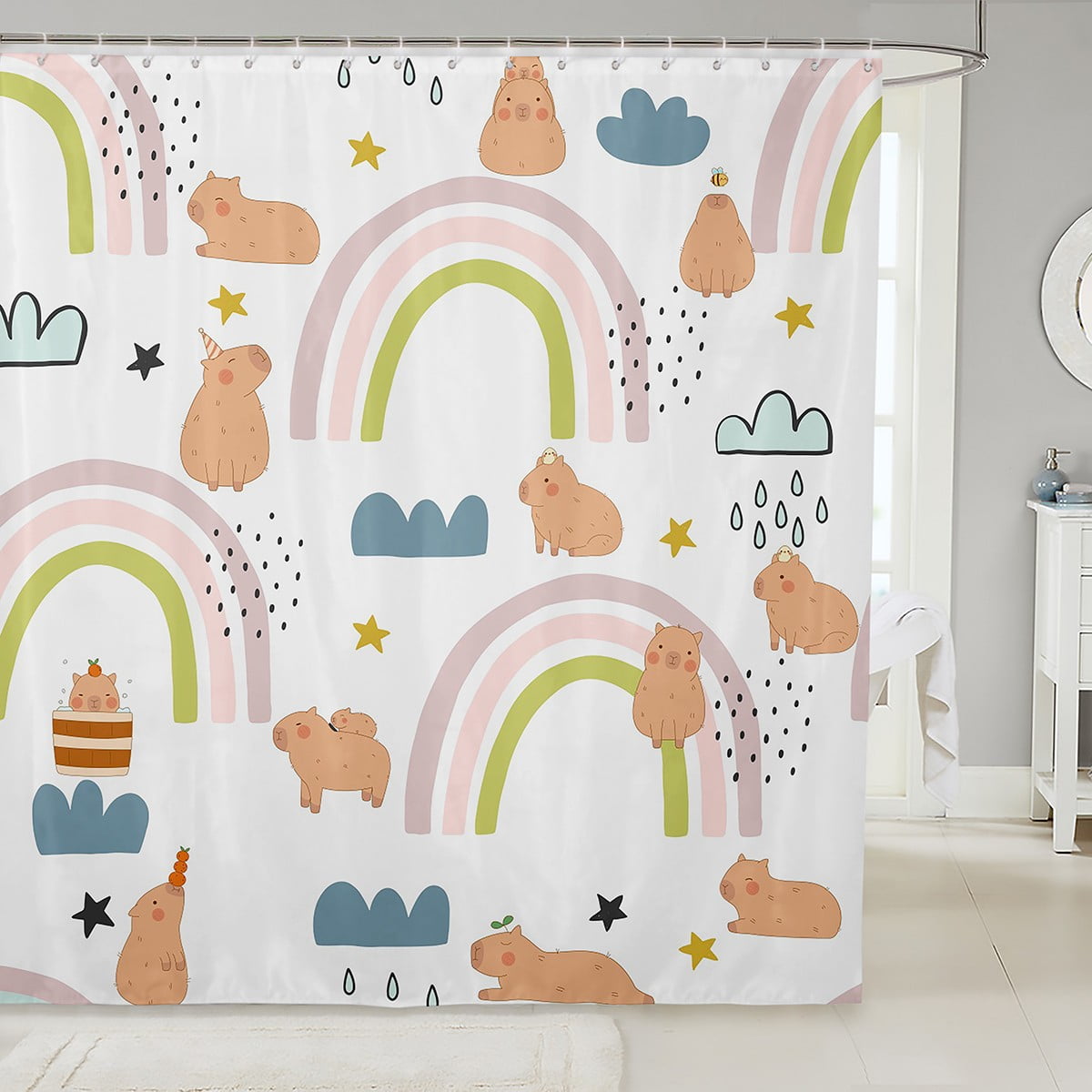Capybara Lovers Home Decor,Cartoon Capybaras Bath Curtain 72" W X 84" L ...