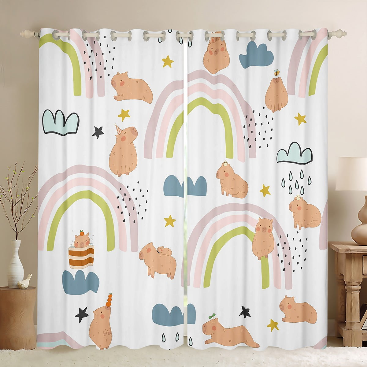Capybara Lovers Home Decor,Cartoon Capybaras Curtains 52"Wx84"L Girly ...